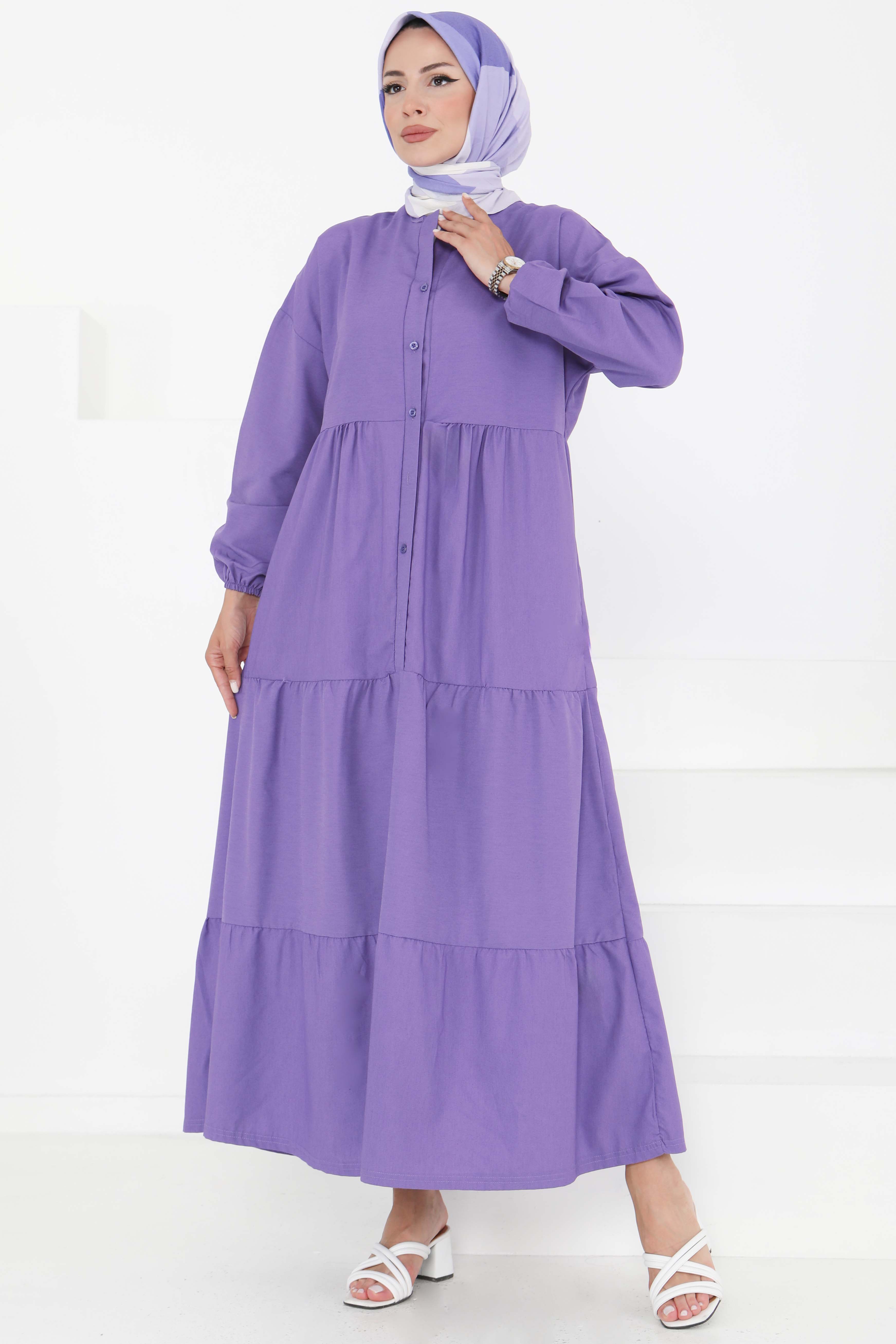 Büzgülü Pat Detaylı Elbise Lila - 27293 | En Uygun Fiyatlarla